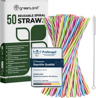 Greenland 50 Wiederverwendbare mehrfarbige Spiral-Trinkhalme mit B&uuml;rste - 21 cm lang, 6 mm breit - Perfekt f&uuml;r Cocktails, Milch, Saft, Tee (Strohhalme)