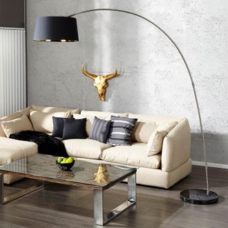 Licht-Erlebnisse Bogenleuchte Retro XXL Metall Stoffschirm schwarz Wohnzimmer Sofa Beleuchtung H:215 x 195cm x 50cm Stehlampe Stehleuchte Innen