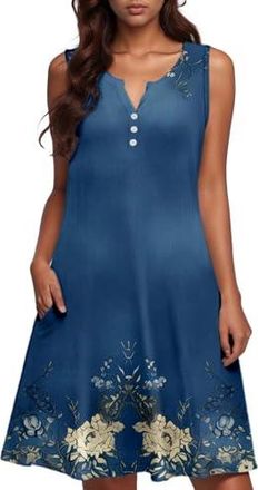 Generic Robe boh&egrave;me 2026 pour femme, robe d&eacute;t&eacute; d&eacute;contract&eacute;e, ample, col en V, sans manches, avec poches, cache-maillot de bain, bleu, XXL