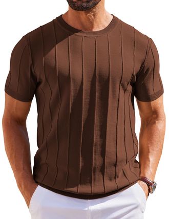 Coofandy Herren T-Shirt Kurzarm Strick Shirt mit Rundhals Shirt Casual Pullover Gestreiftes Strickshirt Sommer Oberteile Braun M