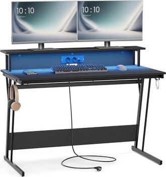 Vasagle Schreibtisch, Gaming Tisch mit eingebauter Steckdosenleiste, Computertisch, mit Monitorst&auml;nder f&uuml;r 2 Monitore, Schlafzimmer, 60 x 120 x 76 cm, ru&szlig;schw