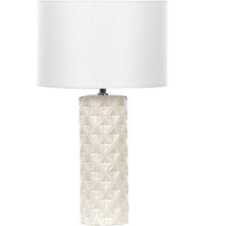 Beliani Lampe &agrave; Poser en C&eacute;ramique avec Abat-jour Tambour Blanc Base Motif Beige Balonne