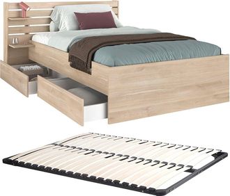 Vente-Unique Bett mit Stauraum - 120 x 190 cm - 4 Schubladen - Natur + Lattenrost - TENALIA