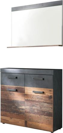 Trendteam Indy - Garderobenkombination - Eiche/Grau - Garderobenschuhschrank, Garderobenspiegel - (BxHxT) 90 x 192 x 34 cm - antikfarbene Griffe