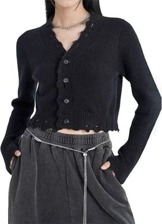 Generic Pull cardigan design manches courtes col en V d&eacute;chir&eacute; tricot tops, noir, Taille XS