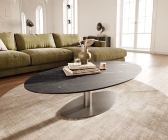 DELIFE Couchtisch Edge Oval 140x80 cm Keramik Laminam Noir Desir Braun Vibany Edelstahl geb&uuml;rstet, Couchtische