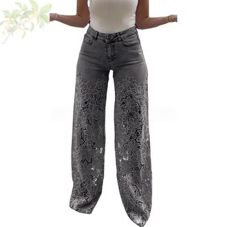 Generic Jean creux en dentelle patchwork pour femme, d&eacute;contract&eacute;, vintage, baggy droit, jambe large, pantalon en denim, pantalon creux floral, gris, XXL