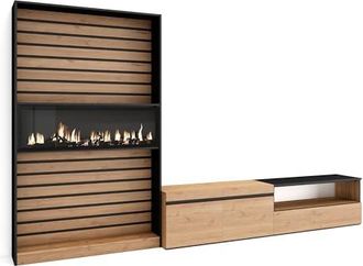 Skraut Home TV-M&ouml;bel | Esstisch-Set | 210 x 186 x 35 cm | f&uuml;r Fernseher bis 80 Zoll | elektrischer Kamin | moderner Stil | Eiche und Schwarz