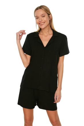Trendyol Trendyol Damen Black Viscose Woven Kit Pajama Set, Schwarz, L EU