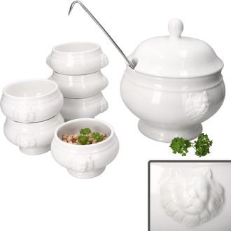 MamboCat 7tlg. Set Leo Löwenkopf-Terrine mit & ohne Deckel I 6X 0,25L & 1x 2 Liter I weiße Suppenschüssel mit Löwenköpfen für Suppe & Eintöpfe