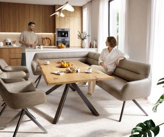 DELIFE Esszimmerbank Taya-Flex 285x190 cm Mikrofaser Beige Vintage Kreuzgestell kantig Graphit Taschenfederkern Rechts, Eckb&auml;nke