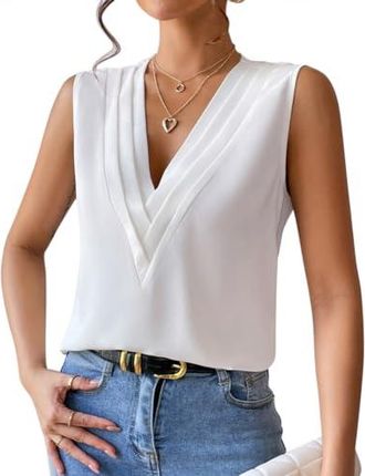 ORANDESIGNE Débardeur Femme Chic Et Élégant Top Chemisier Sexy Blouse Ample Haut Été sans Manches Tee Shirt Col V Fluide Mode Casual Chemise Classique Debardeur T