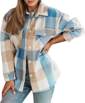 Generic Vestes d&eacute;contract&eacute;es &agrave; carreaux pour femmes, veste chemise &agrave; carreaux confortable, doublure en polaire, v&ecirc;tements dext&eacute;rieur pour lautomne et lhiver, 