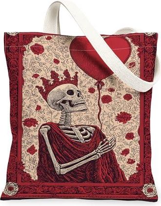 Generic Sac fourre-tout vintage gothique squelette en toile r&eacute;utilisable motif t&ecirc;te de mort florale sac d&eacute;picerie fourre-tout l&eacute;ger lavable pour Halloween, ex