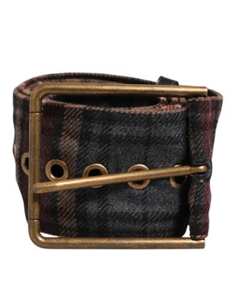 Dolce & Gabbana Mens Plaid Fabric Logo Plate Brass Buckle Belt 100lf