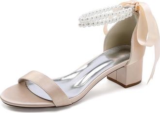 Generic Chaussures Mariage Femme Talon Bloc Bout Ouvert Talons Bas Sandales Mode &Eacute;t&eacute; Satin Mari&eacute;e Dress F&ecirc;te Hauts 4.5Cm,Champagne,36 EU