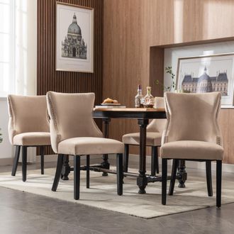 Merax Esszimmerstuhl Set 4er, Stuhl Beige Samt mit Knopfsteppung, Polsterstuhl mit Massivholzbeinen, K&uuml;chenstuhl Wohnzimmerstuhl, Eleganter Samtstuhl gepols