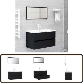 vidaXL Badmöbel-Set Schwarz Holzwerkstoff - Badezimmersatz - Badmöbel - Schreibtisch - Spiegelschrank - Waschtrog