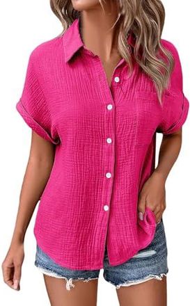 Generic Chemisier pour Femmes Coton Et Lin Respirant Chic Et Élégant Chemisiers Et Blouses Ete Leger Décontracté Blouse Manches Courtes T-Shirts De Couleur Pu