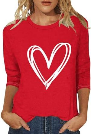 Generic T-shirt &agrave; manches 3/4 pour femme avec imprim&eacute; coeur tendance 2026 pour la Saint-Valentin (3), Rouge, XXL