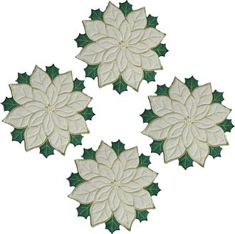 BESPORTBLE 4 St&uuml;ck Bestickte Platzsets mit Weihnachtsstern Motiv 40cm rutschfeste Tischsets aus Silberwei&szlig;em Leinen mit Schaumstoff Isolierende Untersetzer f&uuml;r W