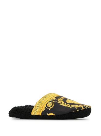 Versace Unisex House Slippers Baroque Print Black Cotton Flat Shoes