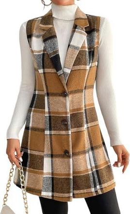 Generic Vestes pour femmes, grande taille, gilet, manteau, tendance, &agrave; carreaux, veste sans manches pour lautomne et lhiver, tenue d&eacute;contract&eacute;e, kaki, XL