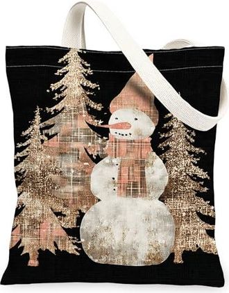 Generic Sacs fourre-tout en toile motif bonhomme de neige dhiver, sacs d&eacute;picerie r&eacute;utilisables, vintage l&eacute;gers et lavables, bandouli&egrave;re C, noir, 13x15 Inch