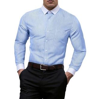 Generic Chemises daffaires pour homme &agrave; manches longues ray&eacute;es et col roul&eacute; - Coupe r&eacute;guli&egrave;re - Chemise classique pour homme - Chemise extensible pour le trav