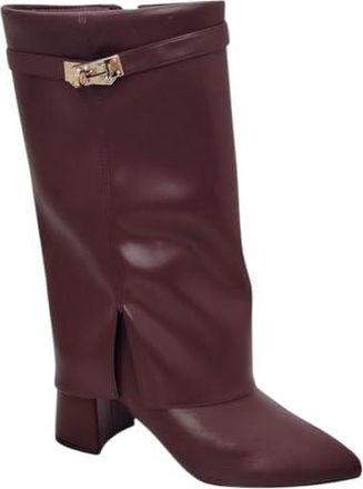 Generico MB 553 Bottes pour femme en cuir synth&eacute;tique, talon moyen avec boucle d&eacute;corative en or, fermeture &eacute;clair lat&eacute;rale, bordeaux, 37 EU