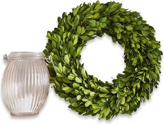 Loberon Kranz Auray, von Hand gebunden, Zeitlose & Elegante Optik, Dekoration, Tischschmuck, Türkranz, Buchsbaum, Schaumstoff, Rattan, grün