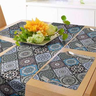 Abakuhaus marokkanisch Tischläufer & 4 Stück Tischsets, Ausführliche Blumen Design Kariertes Muster und Antik Kulturelle Inspirationen, Tischdeko-Set, 180 x 40 