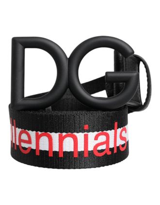 Dolce & Gabbana Mens Black Polyester Logo Print Dg Buckle Belt Leather