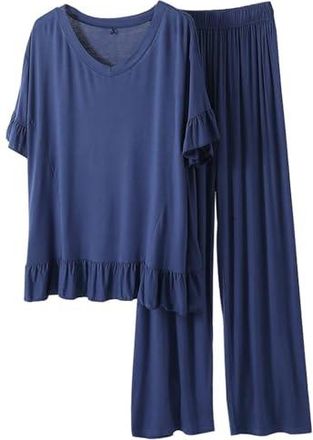Generic Pyjama Satin Ensemble Pyjama pour Femmes, Haut à Manches Courtes et Pantalon Long Nuisette Femme Sexy Satin Pyjama Femme Ensemble (Navy, XXL)