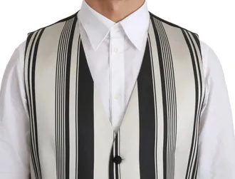 Dolce & Gabbana Mens White Black Stripes Waistcoat Formal Vest Cotton Silk Clothing