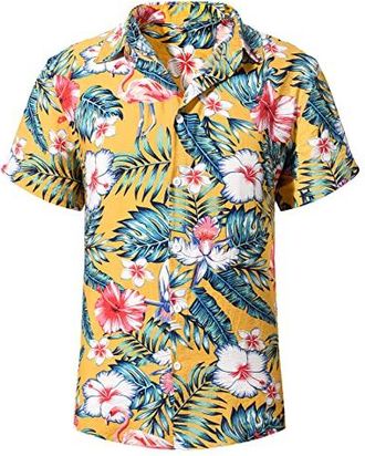 Heekpek Chemise Hawaienne Homme Manches Courtes Funky Hawaïenne Chemises Ete Fleur Aloha Imprimé Plage Casual, Fleur Jaune, Taille XXL