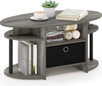 Furinno JAYA Ovaler Couchtisch mit schlichtem Design und Abfalleimer, Französische Eiche/Schwarz/Schwarz