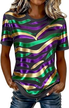 Generic T-shirt d&eacute;contract&eacute; &agrave; manches courtes et col rond pour femme - Imprim&eacute; abstrait &agrave; rayures color&eacute;es - T-shirt d&eacute;t&eacute; doux et extensible pour le travail, 