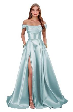 Generic Robes de bal en satin avec fente sans bretelles, corset trapèze, robes de bal à épaules dénudées, longues robes de soirée formelles avec poches, bleu 