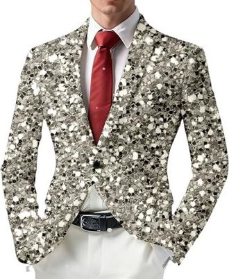 Generico WAZHAKU Veste &agrave; paillettes pour homme - Veste de costume imprim&eacute;e - Veste de festival - Coupe ajust&eacute;e - Avec boutonni&egrave;re et poches - Veste de costume 
