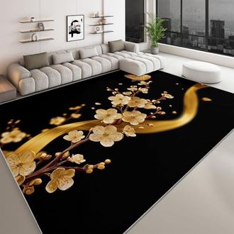 Generic Tapis Noir Lavable pour Salon, Tapis &agrave; Poils Courts Antid&eacute;rapant &Eacute;l&eacute;gant Traditionnel Fleurs Animaux pour Enfants Bureau Salle &agrave; Manger Cuisine et Cha