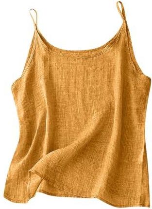 Minetom Débardeur Femme Coton Et Lin Col Rond Sangle Spaghetti Ete Hauts sans Manche Bretelles Camisole Top A1 Jaune XS
