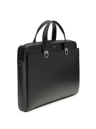 Ferragamo Mens Gancini Business Handbag Black Calf Leather Bos Taurus Briefcases