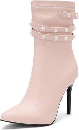 Generic Bottines habill&eacute;es &agrave; bout pointu pour femme avec fermeture &eacute;clair et talons aiguilles et perles &eacute;l&eacute;gantes pour f&ecirc;te, mariage, rose, 37.5 EU