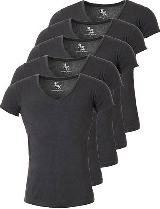 Young & Rich Herren Uni T-Shirt mit extra tiefem V-Ausschnitt Slimfit Stretch Dehnbare Passform einfarbiges Basic Shirt - 5er Pack, Gr&ouml;sse:XXL, Farbe:Dunkelgrau