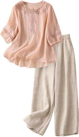 Generic Ensemble de pantalons pour femmes grande taille avec chemise brod&eacute;e en lin et pantalon &agrave; jambes larges, ensemble deux pi&egrave;ces grande taille pantalon fo
