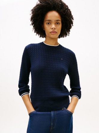 Tommy Hilfiger Rundhalspullover CO CABLE C-NK LS SWEATER Baumwolle, mit Zopfmuster, Regular Fit