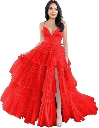 Generic Robes de bal en tulle &agrave; volants longue robe de bal col en V robes de soir&eacute;e formelles avec fente, Rouge, 10XL Grande taille
