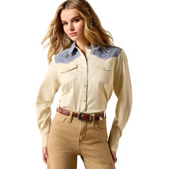 Ariat Womens Horseshoe Western Snap Shirt Long Sleeve in Summer Sand Chambray, Size 2X-Large, by Ariat