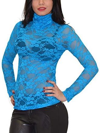 ESRA Chemise Femme Haute Transparente Blouse Femmes Longues avec Motif Floral Sexy Top B13